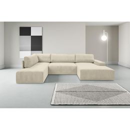 WERK2 Wohnlandschaft &raquo;Rotterdam, U-Form, in kuschelweichem Cord oder Breitcord. Breite 329cm&laquo; Design Sofa mit Schlaffunktion & Bettkasten, Cord, Natur
