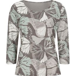 CR&Eacute;ATION L Damen 3/4-Arm-Shirt mit Schmetterlings-Print grau-kalkmint-bedruckt Gr&ouml;&szlig;e 40