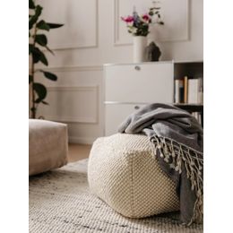 benuta Pure - Handgefertigter Woll Pouf Beads Cream 55x55x30 cm