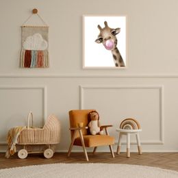 L&uuml;ttenh&uuml;tt Bild mit Rahmen &raquo;oder Poster, Giraffe mit Kaugummi in Rosa&laquo; Fantasy Giraffe Giraffen Bilder Tiere 1 Stk. tlg. HD Premium Druck bunt Holz, Plexiglas