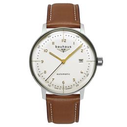 BAUHAUS Herren-Armbanduhr Automatik mit Lederband Creme / Braun / Silber | Gr.: onesize