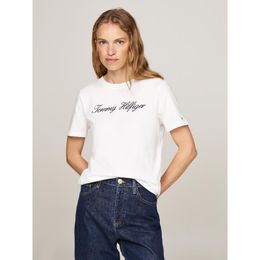 Tommy Hilfiger Damen T-Shirt &raquo;NOS SCRIPT REGULAR C-NK SHORT SLEEVE&laquo; mit Rundhals und kontrastfarbener Stickerei, Regular Fit wei&szlig; S