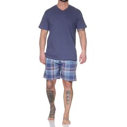 Normann Schlafanzug kurzarm Shorty mit karierter Jersey Hose in blau | Gr.: 56