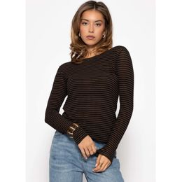 SASSYCLASSY Gestreiftes, leicht transparentes Langarmshirt mit Kaschmiranteil in Dunkelbraun | Gr.: S