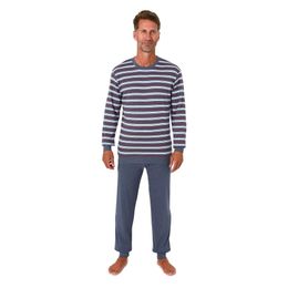 Normann Schlafanzug lang Pyjama B&uuml;ndchen Kuschel interlock in blau-mel. | Gr.: 54