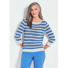 GOLDNER Kurzgr&ouml;&szlig;e: Halbarm Streifenstrick-Pullover in wei&szlig; / blau / gemustert | Gr.: 20