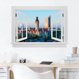 3D Wandtattoo Offenes Fenster Leipzig Skyline Fenster Wandsticker 3D-Optik Wandaufkleber Fenster Ausblick in S-XXL 3D-Effekt
