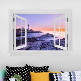 3D Wandtattoo Offenes Fenster Leuchtturm am Morgen Fenster Wandsticker 3D-Optik Wandaufkleber Fenster Ausblick in S-XXL 3D-Effekt