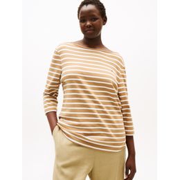 T-Shirt Tommy Hilfiger Curve "CRV SLIM CODY BOAT-NK 3/4SLV", Damen, Gr. 46, beige (hickory, ecru stp), Single Jersey, Obermaterial: 100% Baumwolle, gestreift, slim fit normal, U-Boot-Ausschnitt, eng abgerundeter Saum, Shirts T-Shirt, in Gro&szlig;en Gr&ouml;&szlig;en, 3/4 &Auml;rmel, Logostickerei
