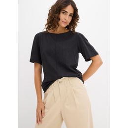 T-Shirt bonprix, Damen, Gr. 44/46 (L), schwarz, Jersey, Obermaterial: 100% Baumwolle, unifarben, loose fit h&uuml;ftbedeckend, Rundhals, weit, Shirts T-Shirt, lockere Passform, weite &Auml;rmel mit dezenter Raffung an der Schulter