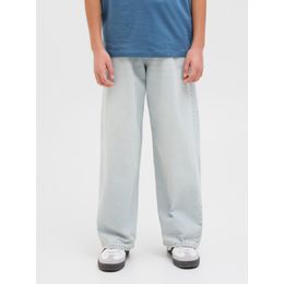 Jack & Jones Relax-fit-Jeans JACK & JONES JUNIOR "JJIRON JJORIGINAL SQ 205 NOOS JNR", Jungen, Gr. 140, N-Gr, blau (blau denim), Denim/Jeans, Obermaterial: 100% Baumwolle, Abriebeffekte, relaxed fit kn&ouml;chellang, Jeans