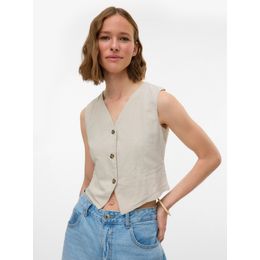 V&eacute;ro Moda Kurzweste VERO MODA "VMCAIA SL VEST WVN NOOS", Damen, Gr. XS, beige (silber lining), Web, Obermaterial: 90% Baumwolle, 10% Leinen, unifarben, normal, V-Ausschnitt, Westen, Baumwolle mit Leinen, figurbetonte Form