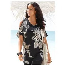 Longshirt Lascana, Damen, Gr. 32/34, bunt (bedruckt), Jersey, Obermaterial: 100% Viskose, figurumspielend h&uuml;ftbedeckend, Rundhals, Shirts Longshirt, mit Cut-outs an den Schultern, Alloverprint, Shirtkleid, schulterfrei