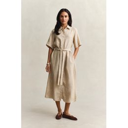 Hemdblusenkleid Gant "LINEN", Damen, Gr. 44, N-Gr, oat beige, Web, Obermaterial: 100% Leinen, unifarben, regular fit wadenlang, Rundhals, eingesetzt gerader Abschluss, Kleider, Regular fit mit Bindeg&uuml;rtel