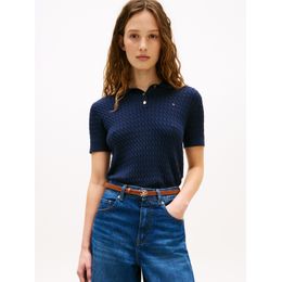 Poloshirt Tommy Hilfiger "CO CABLE POLO-NK SS SWEATER", Damen, Gr. XS (34), schwarz night navy, Single Jersey, Obermaterial: 100% Baumwolle, unifarben, regular fit h&uuml;ftbedeckend, Rundhals, Shirts, mit Zopfmuster, Regular Fit
