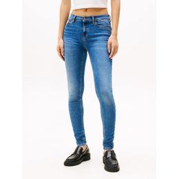 Skinny-fit-Jeans Tommy Jeans "NORA MR SKNY AH1280", Damen, Gr. 34, L&auml;nge 28, blau (denim medium3), Denim/Jeans, Obermaterial: 98% Baumwolle, 2% Elasthan, unifarben, skinny fit lang, Jeans, mit Logo-Badge, Mid Rise