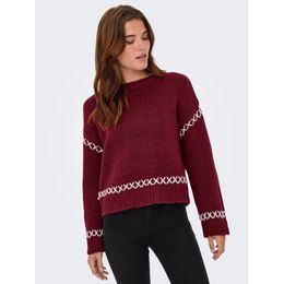 Rundhalspullover Only "ONLAMANDA LIFE LS O-NECK DETAIL CC KNT", Damen, Gr. M, cabernet detail:cloud dancer, Strick, Obermaterial: 77% Polyester, 23% Polyacryl, unifarben, regular fit h&uuml;ftlang, Rundhals, Rippb&uuml;ndchen, Pullover Rundhalspullover