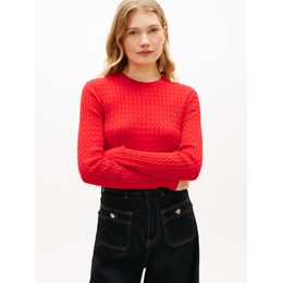 Rundhalspullover Tommy Hilfiger "CO CABLE C-NK LS SWEATER", Damen, Gr. M (40), fireworks, Strick, Obermaterial: 100% Baumwolle, unifarben, regular fit normal, Rundhals, Rippstrickb&uuml;ndchen, Pullover Rundhalspullover, Baumwolle, mit Zopfmuster, Regular Fit