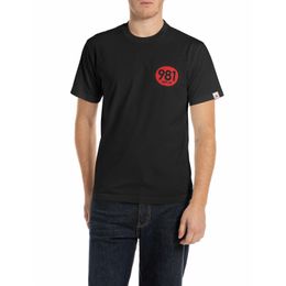 T-Shirt Replay, Herren, Gr. L, schwarz, Jersey, Obermaterial: 100% Baumwolle, bedruckt, regular fit, Rundhals, Shirts T-Shirt, mit 981-Print auf der Brust