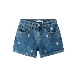 Jeansshorts name it "NKFBELLA REG DNM SHORTS 3674-BE NOOS", M&auml;dchen, Gr. 140, N-Gr, medium blau denim detail:daisy, Denim/Jeans, Obermaterial: 100% Baumwolle, Abriebeffekte, bestickt, gebl&uuml;mt, regular fit kurz, Jeans Jeansshorts, Baumwolle, verstellbarer Bund, bestickte Details