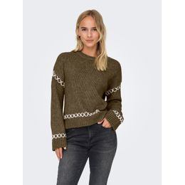 Rundhalspullover Only "ONLAMANDA LIFE LS O-NECK DETAIL CC KNT", Damen, Gr. M, cub detail:cloud dancer, Strick, Obermaterial: 77% Polyester, 23% Polyacryl, unifarben, regular fit h&uuml;ftlang, Rundhals, Rippb&uuml;ndchen, Pullover Rundhalspullover