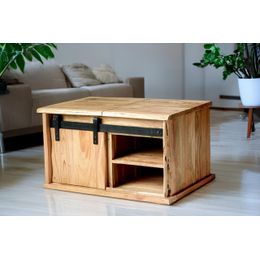 Truhe 76x51x45 cm Couchtisch Baumkante Akazienholz massiv natur gusseiserne Elemente LIAN I