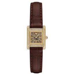 Quarzuhr Emporio Armani, gold (dunkelbraun, goldfarben), Armbanduhren, Damen, Quarzuhr, Armbanduhr, Damenuhr, Lederarmband, analog, Glassteine
