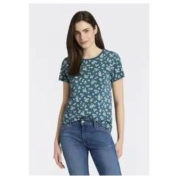 Kurzarmshirt Ragwear "MINTTA FLOWER O", Damen, Gr. L, petrol, Jersey, Obermaterial: 50% Baumwolle, 50% Polyester, bedruckt, normal, Rundhals, Shirts, mit sommerlichem Print