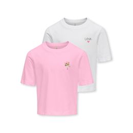 T-Shirt KIDS Only "KOGREX FLOWER S/S TOP JRS 2-PACK", M&auml;dchen, Gr. 158/164, pink lady pack:flower buket, wei&szlig; love heart, Jersey, Obermaterial: 100% Baumwolle, unifarben, Basic normal, Rundhals, Shirts T-Shirt, mit s&uuml;&szlig;en Brustmotiven