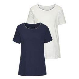 T-Shirt Vivance "mit modischer Kontraststickerei", Damen, Gr. 36/38, blau (blau, creme), Single Jersey, Obermaterial: 100% Baumwolle, unifarben, Basic normal, Rundhals, eingesetzt, Shirts T-Shirt, aus weicher Baumwoll-Qualit&auml;t