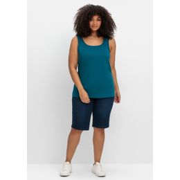 Tanktop sheego, Damen, Gr. 52, blau (dunkelpetrol), 100% Baumwolle, unifarben, Rundhals, Tops Tanktop
