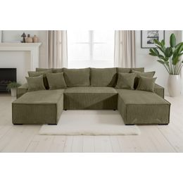 Wohnlandschaft Collection AB "Manhattan U-Form, B: 313 cm, in Breit- oder Normalcord", oliv, B:313cm H:41cm T:161cm, 100%Polyester, Sofas, Wohnlandschaft, mit Bettfunktion, Bettkasten & Zierkissen, Federkern