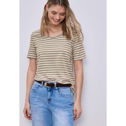 Kurzarmshirt Street One "Style Gerda", Damen, Gr. 34, safari beige, Jersey, Obermaterial: 50% Baumwolle, 50% Modal, geringelt, gestreift, normal h&uuml;ftbedeckend, Rundhals, Shirts Kurzarmshirt, im Streifen-Look und mit Rundhals