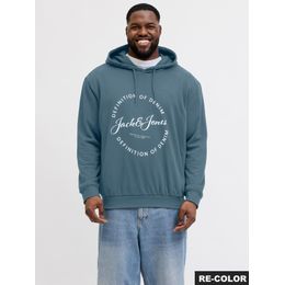 Jack & Jones PlusSize Kapuzensweatshirt "JJGRAYSON SWEAT HOOD PLS", Herren, Gr. 5XL, blau mirage, angeraute Sweatware, Obermaterial: 60% Polyester, 40% Baumwolle, JACK & JONES PLUSSIZE, bedruckt, regular fit, Rippb&uuml;ndchen, Sweatshirts Kapuzensweatshirt