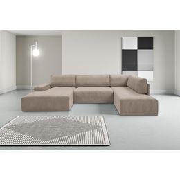Wohnlandschaft WERK2 "Rotterdam, U-Form, in kuschelweichem Cord oder Breitcord. Breite 329cm", grau (hellgrau, bei), B:325cm H:85cm T:190cm, 90% Polyester, 10% Nylon, Sofas, Wohnlandschaft, Design Sofa mit Schlaffunktion & Bettkasten, Cord, Hellgrau/Beige