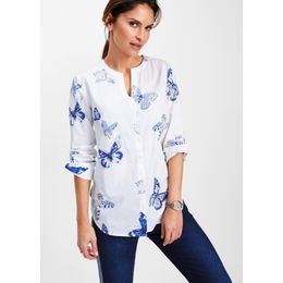 Langarmbluse bonprix, Damen, Gr. 40, wei&szlig;, blau bedruckt, Web, Obermaterial: 100% Viskose, figurumspielend, Blusen Langarmbluse, figurumspielende Passform, f&uuml;r eleganten Stil, aus Viskose