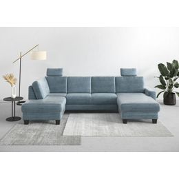 Wohnlandschaft Home Affaire "Summer U-Form", blau (blau, grau), B:314cm H:91cm T:170cm, 100% Polyester, Sofas, Wohnlandschaft, mit oder ohne Bettfunktion und Bettkasten, wengefarbene Holzf&uuml;&szlig;e