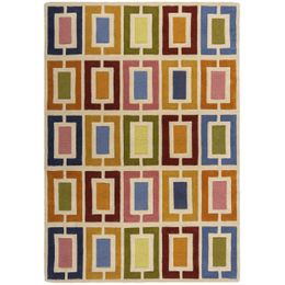 Wollteppich FLAIR RUGS "Retro Blocks mit Hoch-Tief-Effekt", bunt, B:60cm H:10mm L:230cm, Wolle, Teppiche, handgeschnitzter Wollteppich,Wohnzimmer, Schlafzimmer, Esszimmer