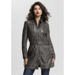 Ledermantel Mauritius "BENTE2", Damen, Gr. XS/34, grau (anthrazit), Obermaterial: 100% Schafsleder. Futter: 100% Baumwolle. Kapuze: 55% Polyester, 45% Baumwolle. &Auml;rmelfutter: 100% Polyester, figurbetont lang, mit Rei&szlig;verschluss, M&auml;ntel, lange Lederjacke mit G&uuml;rtel & abnehmbarem Kapuzen-Inlay