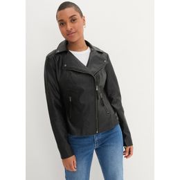 Lederimitatjacke bonprix, Damen, Gr. 42, schwarz, Obermaterial: 100% Viskose. Futter: 100% Polyester, unifarben, tailliert, Jacken Lederimitatjacke, im Bikerstil, taillierte Passform, mit Kragen und Revers