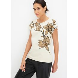 T-Shirt bonprix, Damen, Gr. 44/46 (L), natur floral, Obermaterial: 95% Baumwolle, 5% Elasthan, bequem, Shirts T-Shirt, bequeme Passform, Kurzarm, mit Bl&uuml;tenprint, f&uuml;r Fr&uuml;hling und Sommer