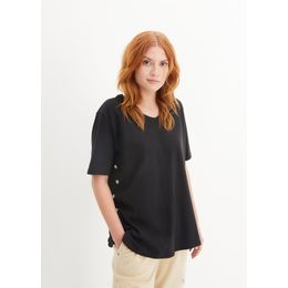 T-Shirt bonprix, Damen, Gr. 36/38 (S), schwarz, Jersey, Obermaterial: 100% Baumwolle, kontrastfarbene Details, unifarben, oversize Po-bedeckend, V-Ausschnitt, Shirts T-Shirt, Oversize-Passform, Halbarm, mit tollem Knopfdetail
