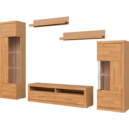Wohnwand OTTO HOME "Ribe Wohnwand Set-5 St.", braun (eiche teilmassiv), B:240cm H:180cm T:35cm, Holz teilmassiv, Kastenm&ouml;bel-Sets, Wohnwand, Glaseinsatz aus geh&auml;rtetem Glas,B&ouml;den teilweise versetzbar