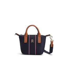 Tragetasche Tommy Hilfiger "POPETTE MICRO TOTE CORP", Gr. B/H/T: 27cm x 16cm x 8cm, dunkelblau, Leder, Nylon, Taschen, Damen Handtasche, Umh&auml;ngetasche, Schultertasche mit TH-Schmuckelement