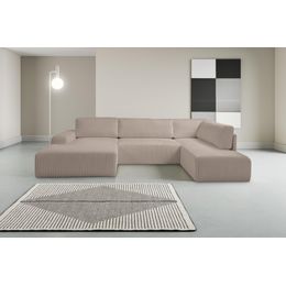 Wohnlandschaft WERK2 "Rotterdam, U-Form, in kuschelweichem Cord oder Breitcord. Breite 329cm", grau (taupe), B:325cm H:85cm T:190cm, 100% Polyester, Sofas, Wohnlandschaft, Design Sofa mit Schlaffunktion & Bettkasten, Breitcord, Taupe
