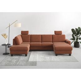 Wohnlandschaft Home Affaire "Summer U-Form", rosa (kupfer), B:314cm H:91cm T:170cm, 95% Polyester, 5% Polyamid, Sofas, Wohnlandschaft, mit oder ohne Bettfunktion und Bettkasten, wengefarbene Holzf&uuml;&szlig;e
