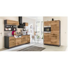 K&uuml;chenzeile KOCHSTATION "KS-Tulsa", braun (k&uuml;che: natur, korpus: grafit, arbeitsplatte: anthrazit), B:350cm T:60cm, Komplettk&uuml;chen-Sets, K&uuml;chenzeile, ohne E-Ger&auml;te, Breite 350 cm, schwarze Metallgriffe, MDF Fronten