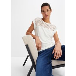 T-Shirt bonprix "Shirt aus Viskose-Mix", Damen, Gr. 40/42 (M), wei&szlig; (wollwei&szlig;), Obermaterial: 95% Viskose, 5% Elasthan. Spitze: 80% Baumwolle, 20% Polyamid, gerade, Shirts T-Shirt, gerade Passform, Kurzarm, f&uuml;r vielseitige Anl&auml;sse, aus Viskose-Mix