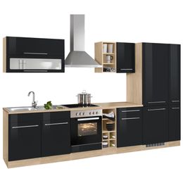 K&uuml;chenzeile KOCHSTATION "KS-Eton", schwarz (k&uuml;che: schwarz, korpus: eichefarben, arbeitsplatte: eichefarben), B:330cm T:60cm, Komplettk&uuml;chen-Sets, K&uuml;chenzeile, ohne E-Ger&auml;te, Breite 330 cm