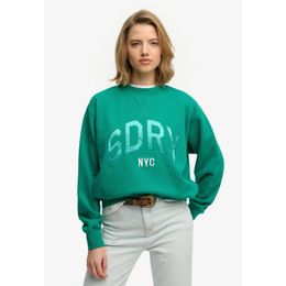 Sweatshirt Superdry "VARSITY SATIN APPLIQUE CREW", Damen, Gr. XS, gr&uuml;nlake, Sweatware, Obermaterial: 70% Baumwolle, 30% Polyester, bedruckt, relaxed fit normal, Rundhals, Rippb&uuml;ndchen, Sweatshirts Sweatshirt